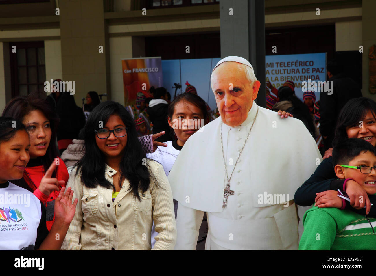 La Paz, Bolivia, 5th July 2015. College students pose for a photo with ...