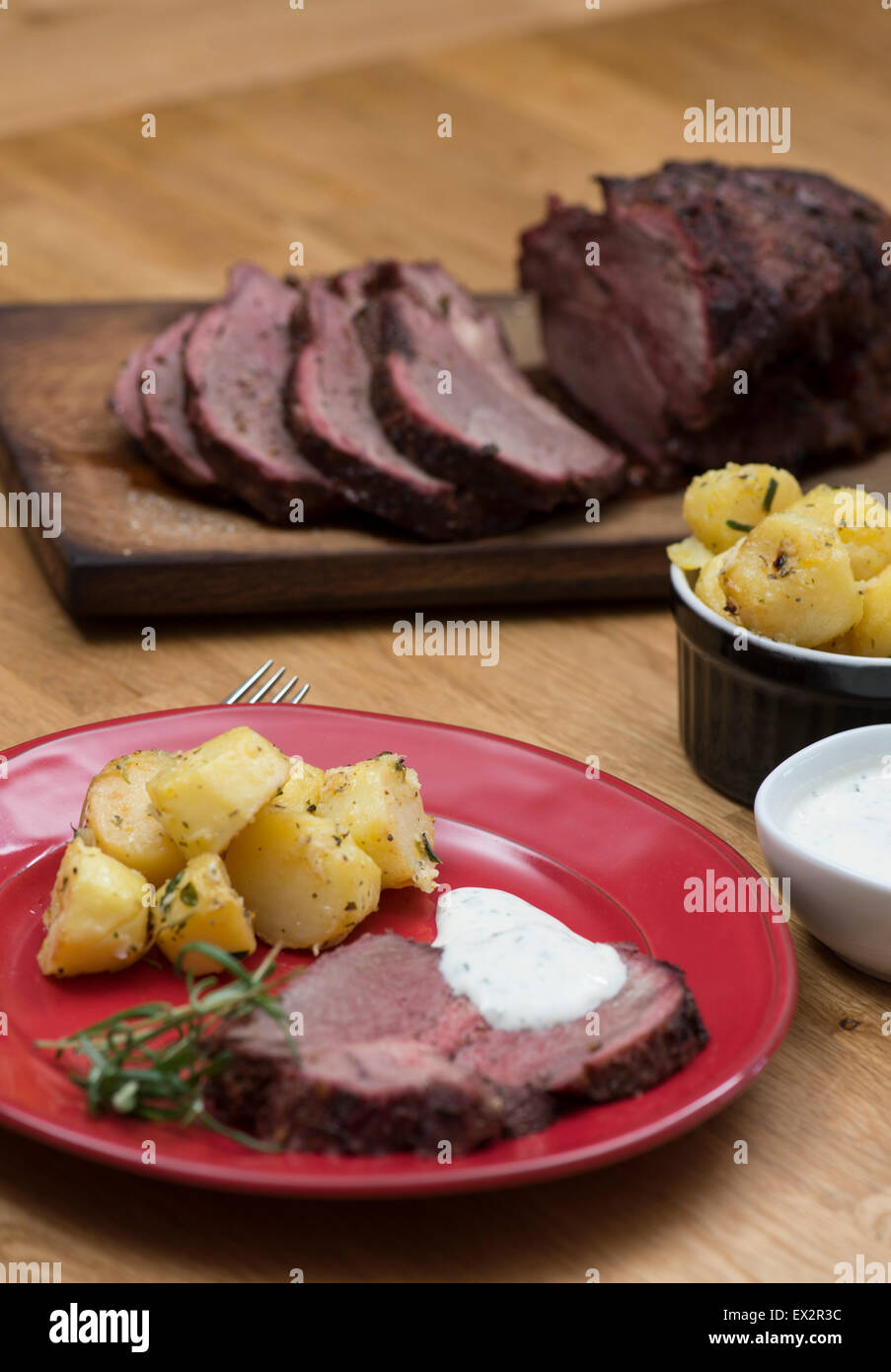 Red plate with meat hi-res stock photography and images - Alamy