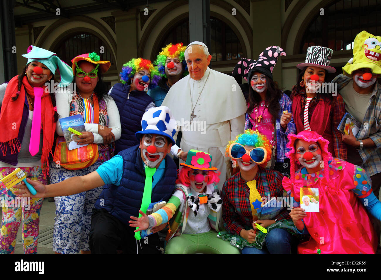 La Paz, Bolivia, 5th July 2015. A group of clowns pose for a photo with ...