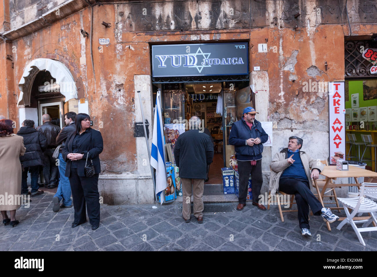 People outside YUD Judaica shop in the Roman Ghetto or Ghetto of Rome ...