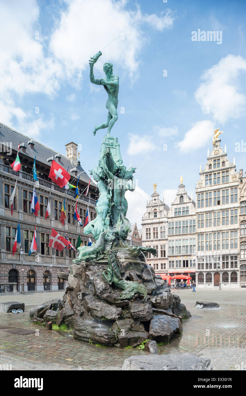 Belgium, Antwerp, Grote markt - Brabo statue and guild houses Stock ...