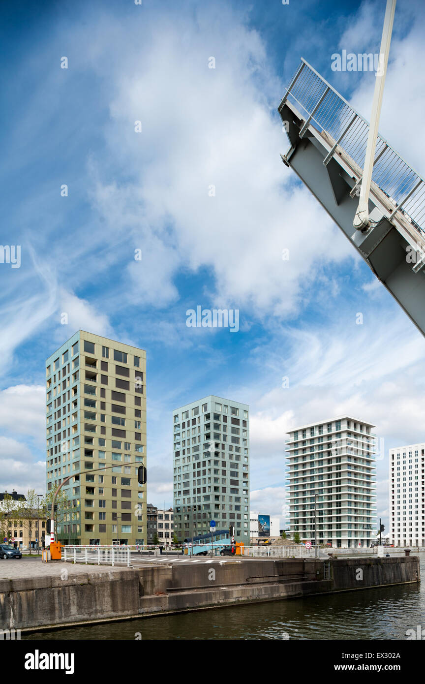 Belgium, Antwerp, Londenbrug drawbridge and view of the Kattendijkdok ...