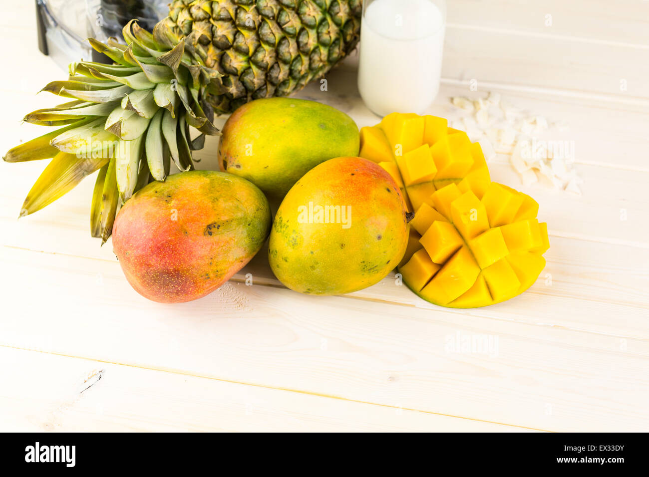Fresh ingredients on the table to make smoothie with tropical fruits ...