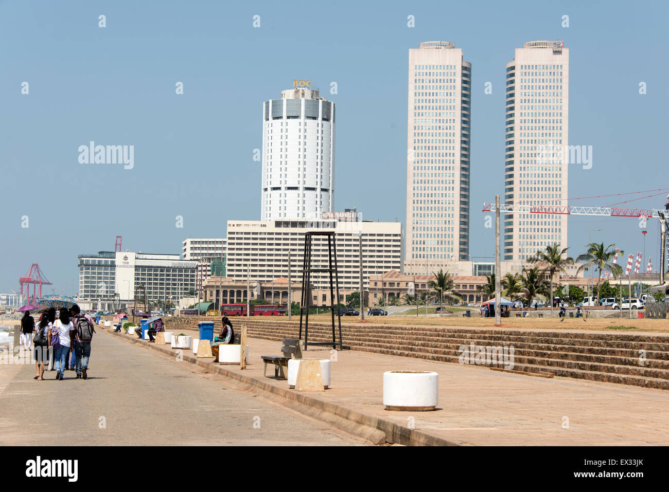 Galle Face Beach in Colombo, Sri Lanka. The high raised buildings are ...