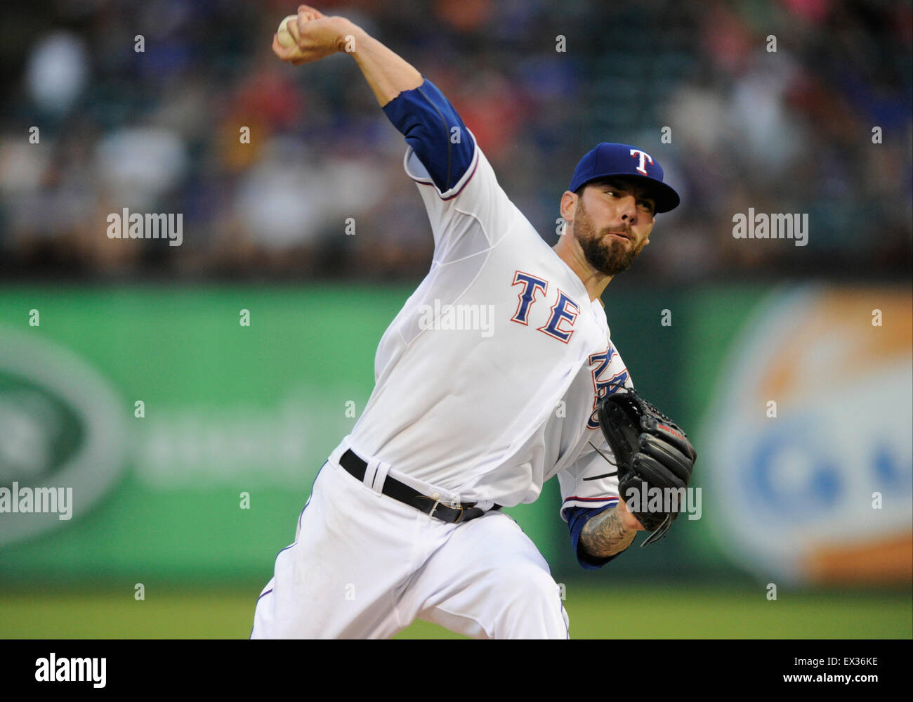 Arlington, Texas, USA. 05th July, 2015. Texas Rangers starting pitcher ...