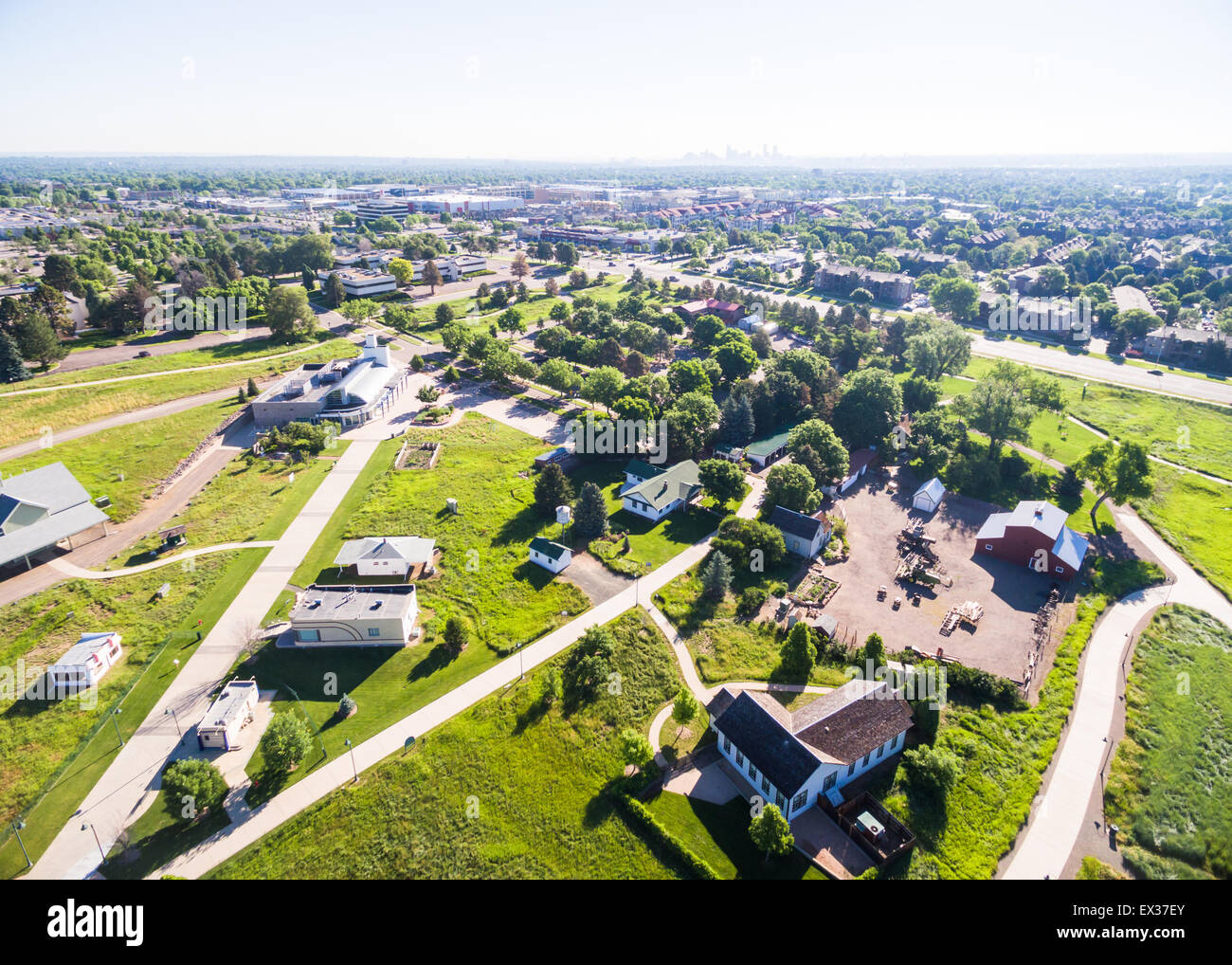 Aerial view of Belmar Park with downtown Denver in background in ...