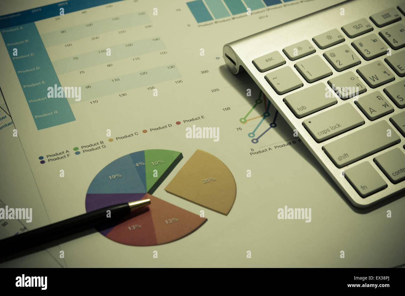 business documents with charts growth, keyboard. workplace businessman ...