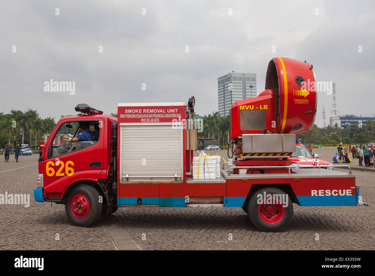 A smoke removal unit firetruck is photographed as it is displayed ...