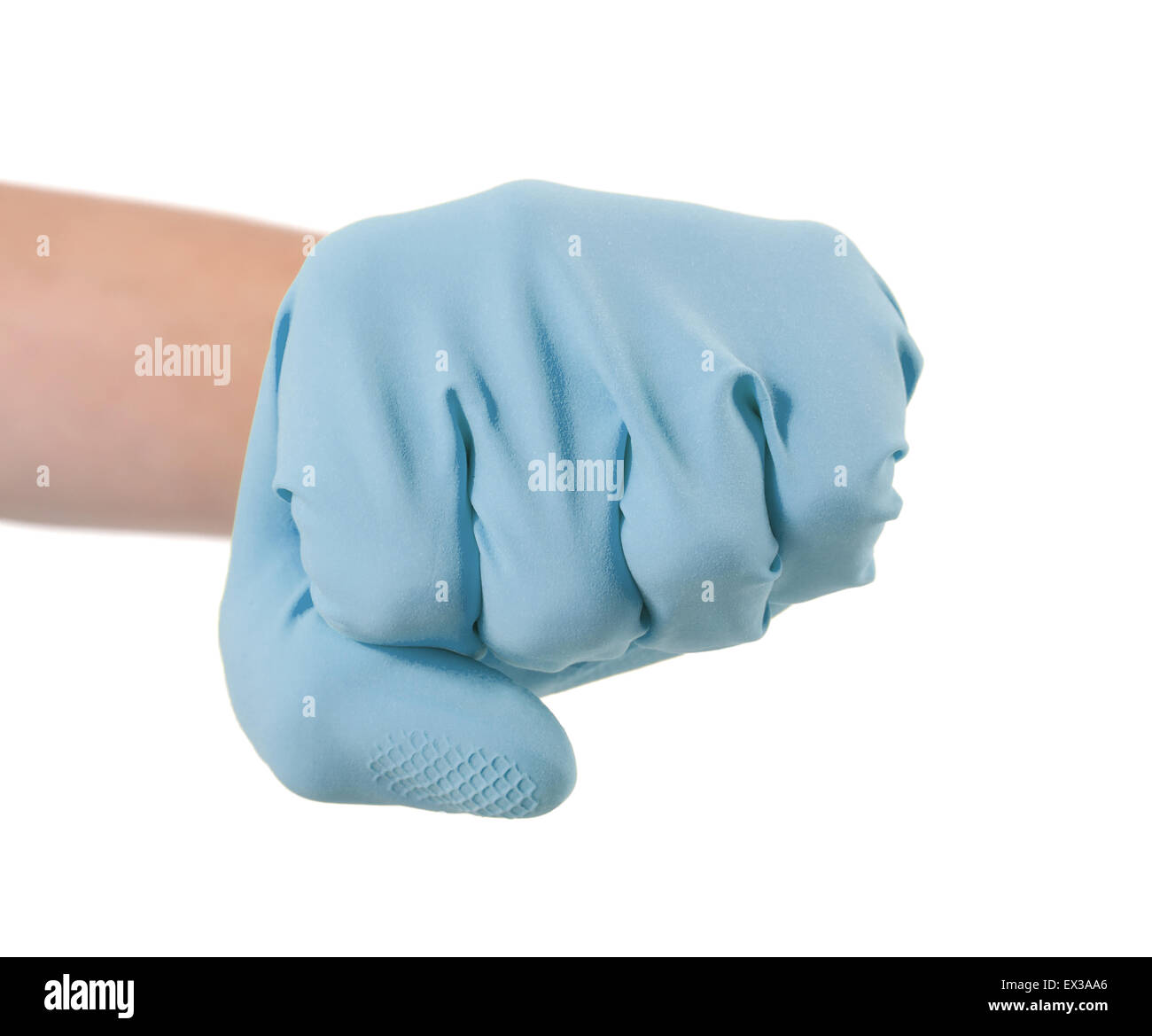 Hand in a rubber glove gesturing fist isolated on white background ...
