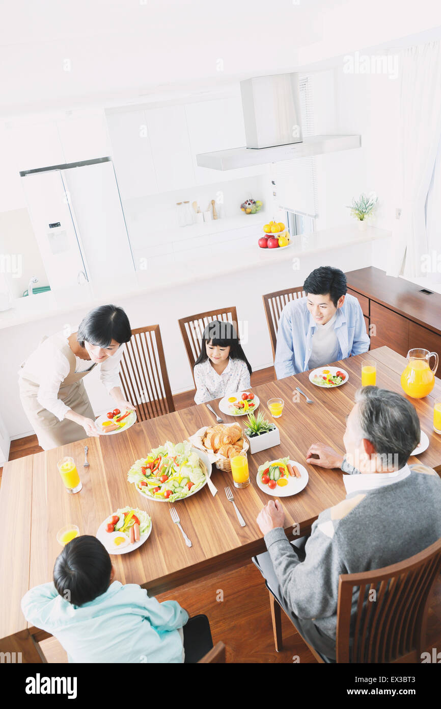 Three-generation Japanese family together in the kitchen Stock Photo ...