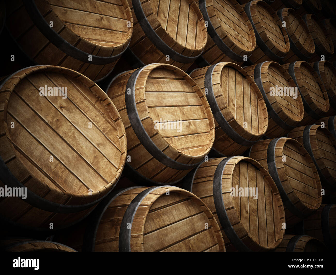 Wine cellar with stack of wooden barrels Stock Photo - Alamy
