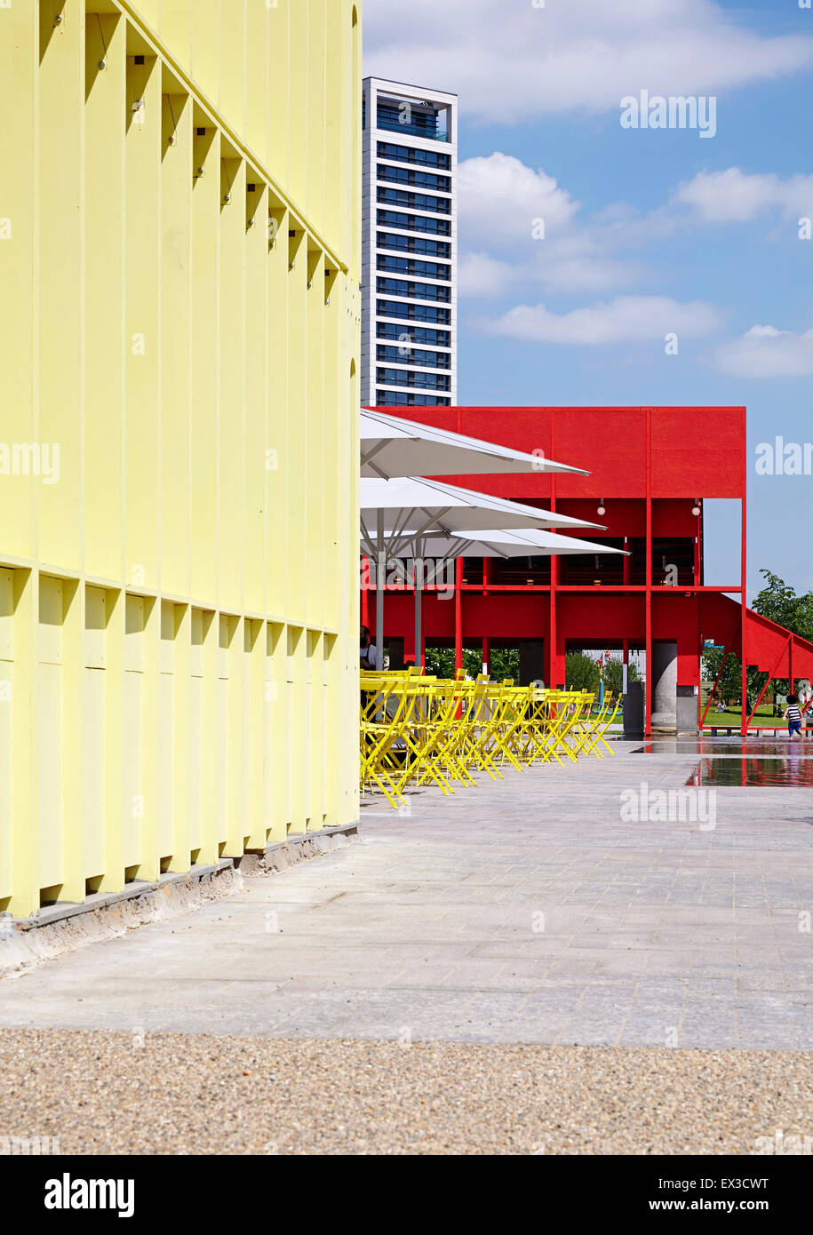 View looking back towards the 'Big Red ' pavilion across Cubitt Square ...