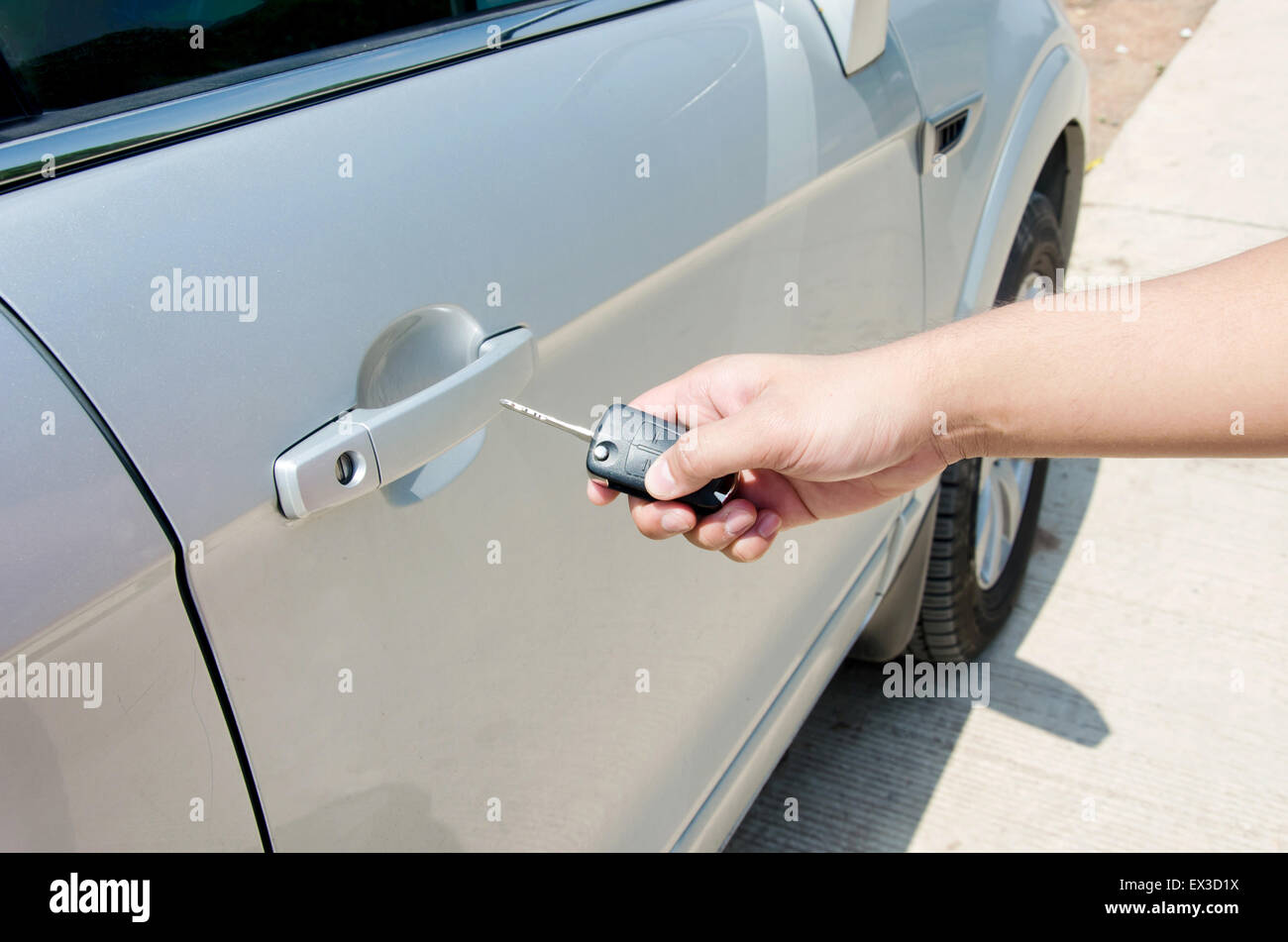 hand presses on the remote control car alarm systems Stock Photo - Alamy