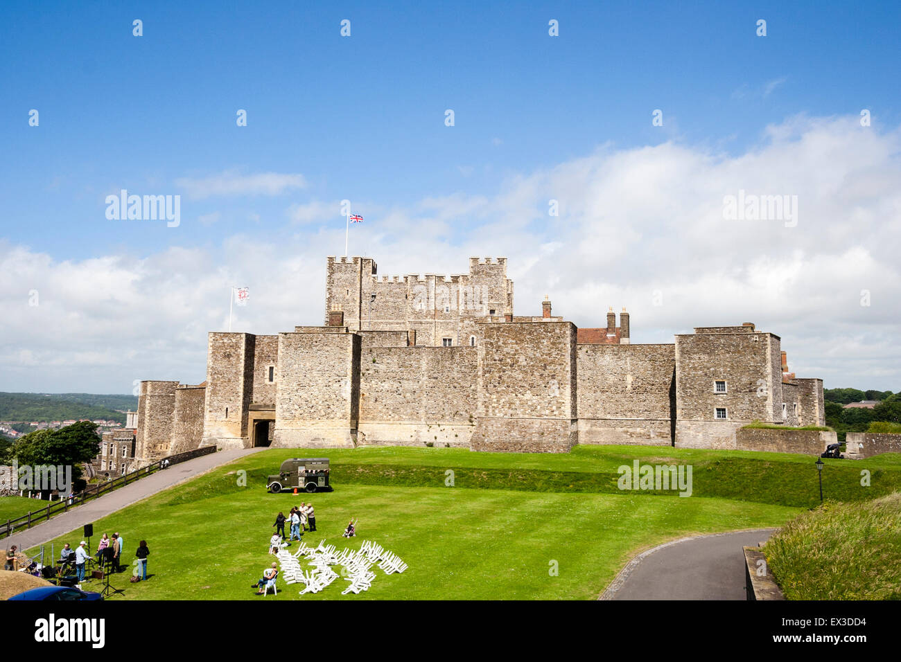 Dover castle in England. The inner stone walls and the keep, called ...