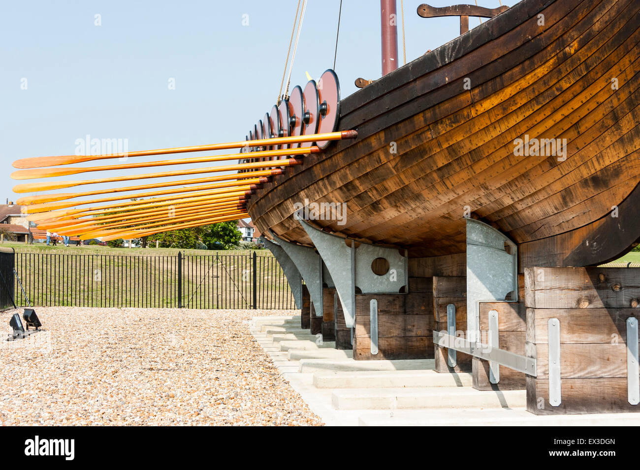 The Hugin, a reconstructed Viking ship, at Pegwell Bay, Ramsgate. Low ...