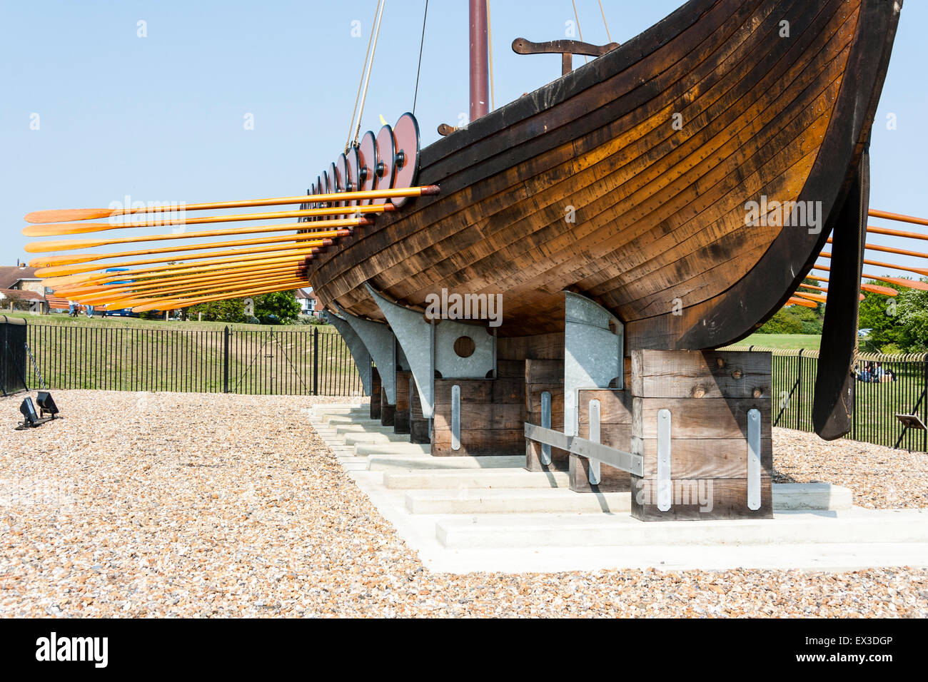 The Hugin, a reconstructed Viking ship, at Pegwell Bay, Ramsgate. Low ...