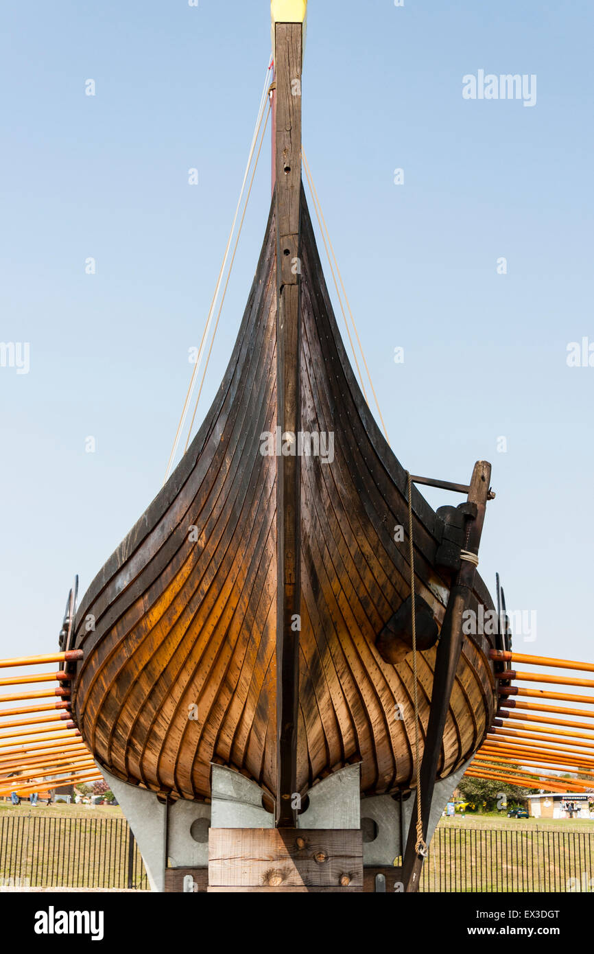 The Hugin, a reconstructed Viking ship, at Pegwell Bay, Ramsgate. Low ...