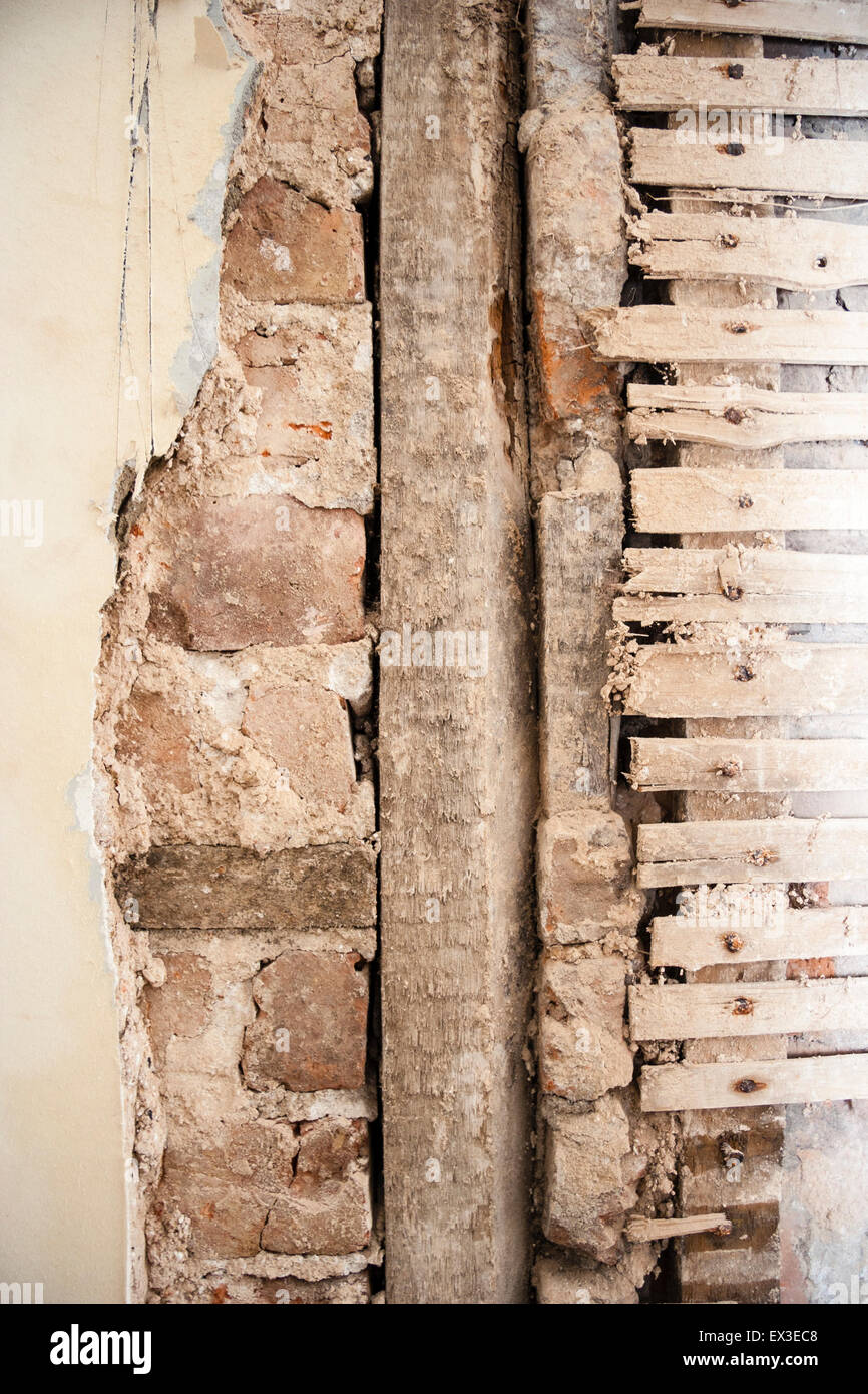 English Victorian period house, interior wall. Lath and plaster wall ...