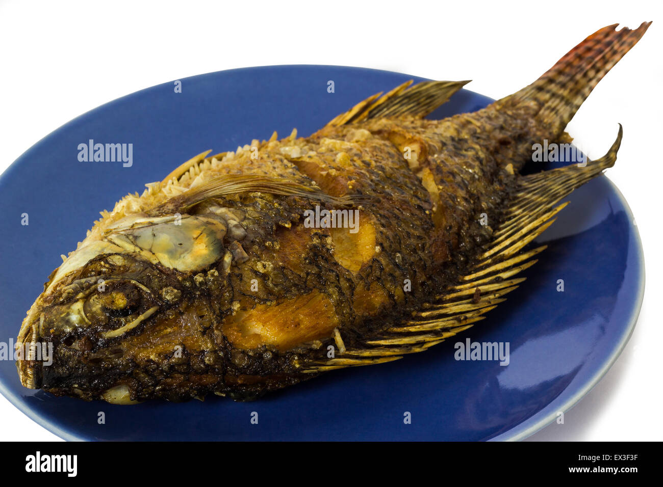 Fried fish on the dish isolated on white background and clipping path ...