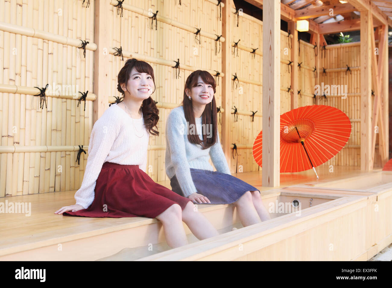 Young Japanese women enjoying foot spa in Kawagoe, Japan Stock Photo ...