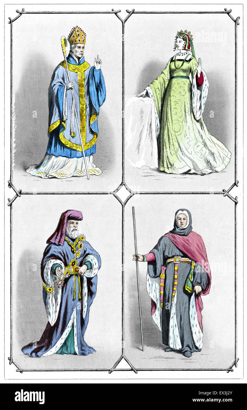 Fourteenth century costumes: bishop, countess, earl, judge, from ...