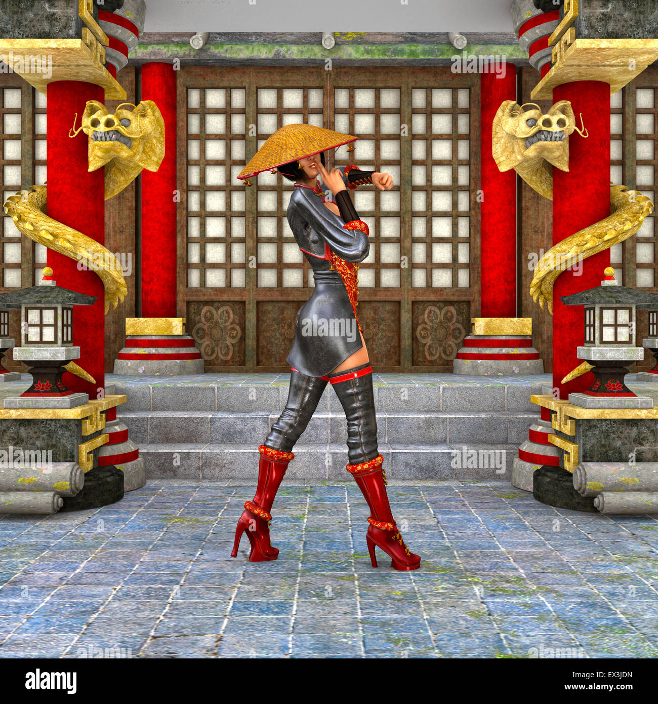 3D digital render of a beautiful Asian battle woman on a traditional ...