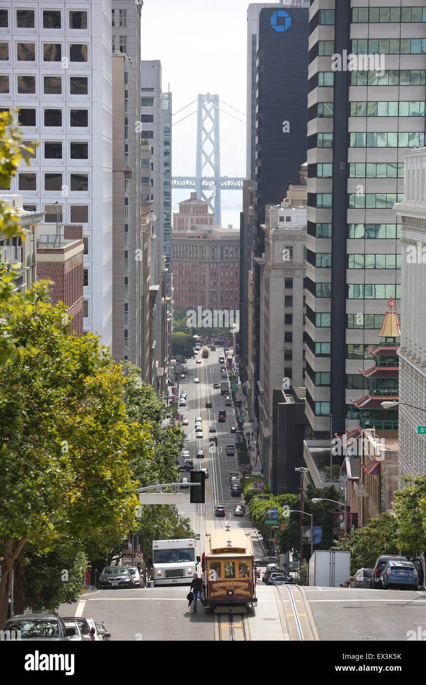 A cable car traveling up California Street in San Francisco Stock Photo ...