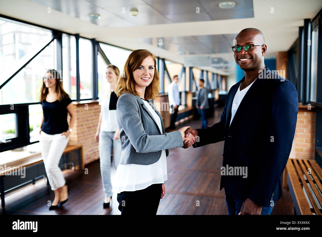White female executive and black male executive shaking hands in ...