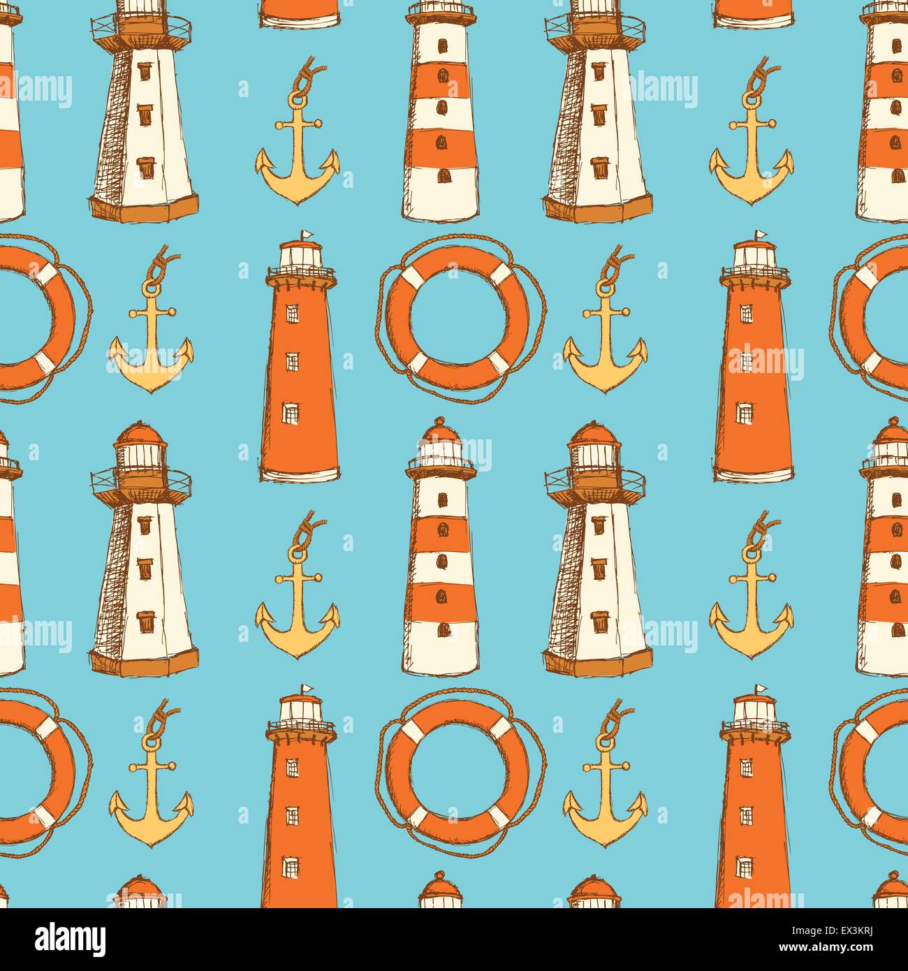 Sketch life bouy, lighthouse and anchor in vintage style, vector ...