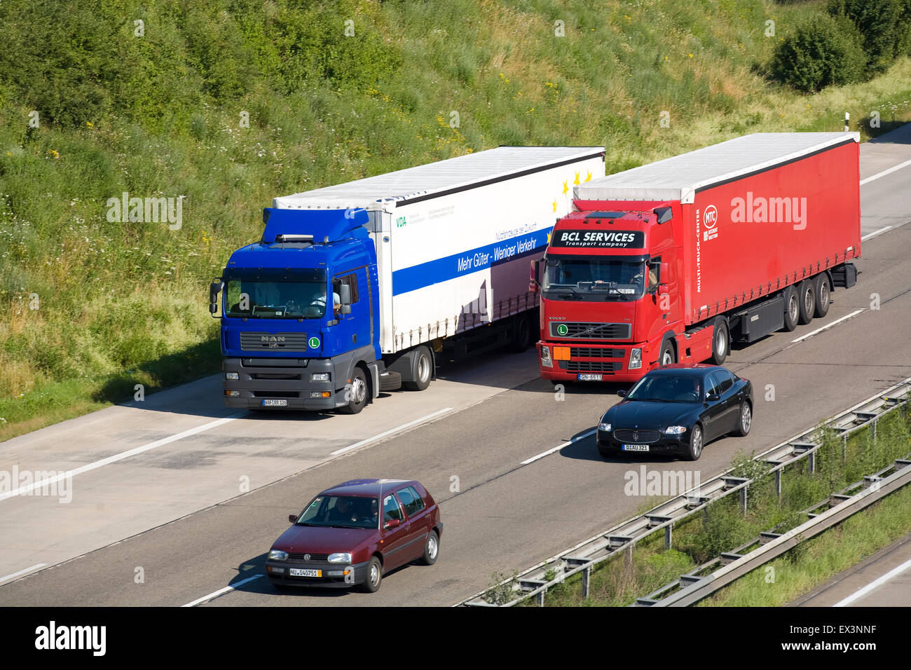 Europe, Germany, Rhineland-Palatinate, trucks at a climb of the ...