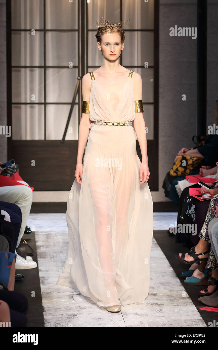 Paris, France. 06th July, 2015. A model wears a creation by French ...