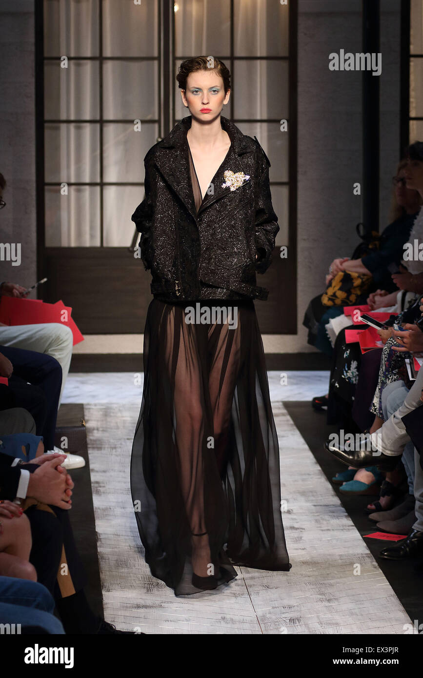 Paris, France. 06th July, 2015. A model wears a creation by French ...