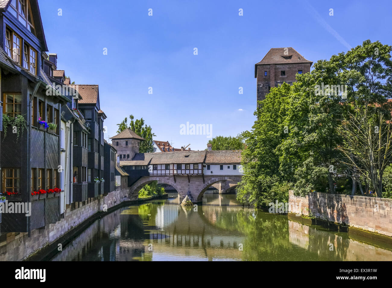 Pegnitz river with Henkersteg and Henkerhaus, Nuremberg, Middle ...