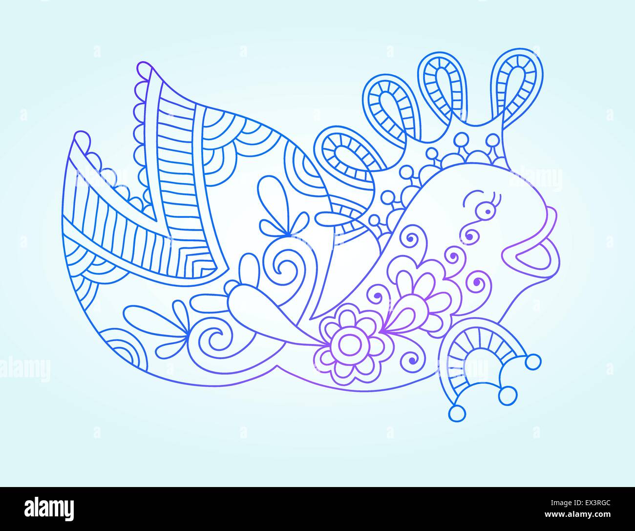 blue line drawing of sea monster, underwater decorative fish Stock ...