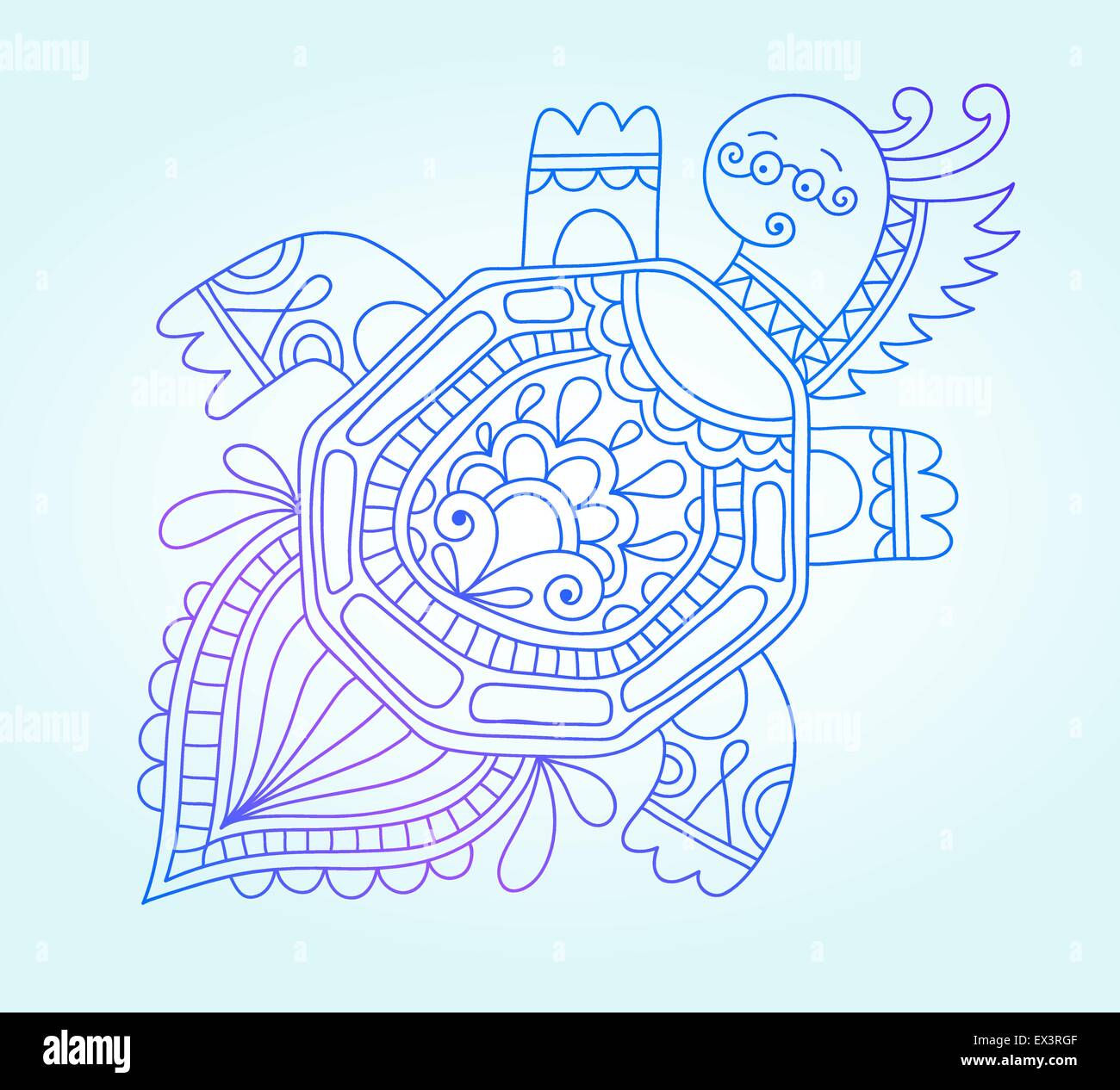 blue line drawing of sea monster, underwater decorative tortoise Stock ...