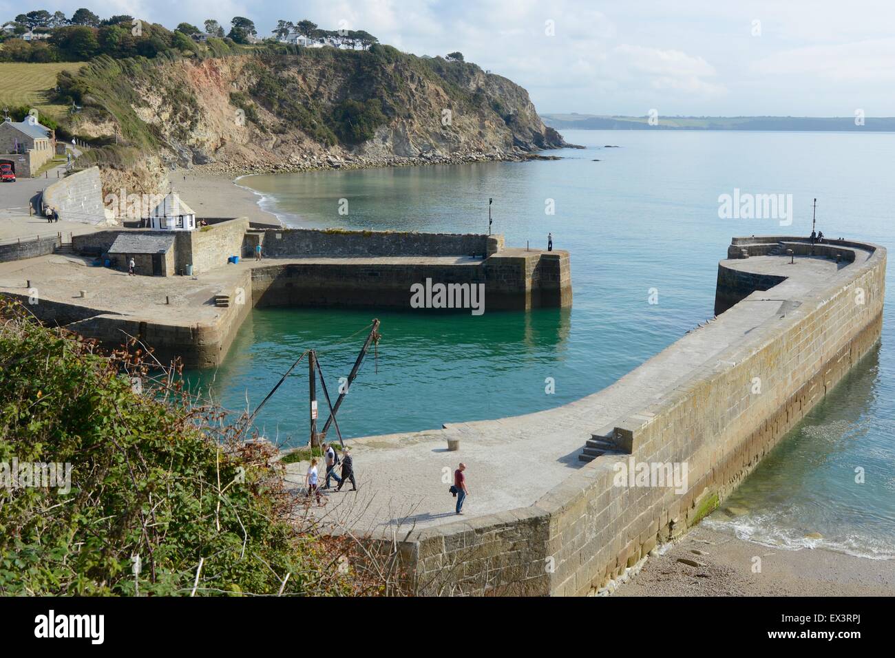 Charlestown Harbour entrance and quay with people. Cornwall. England ...