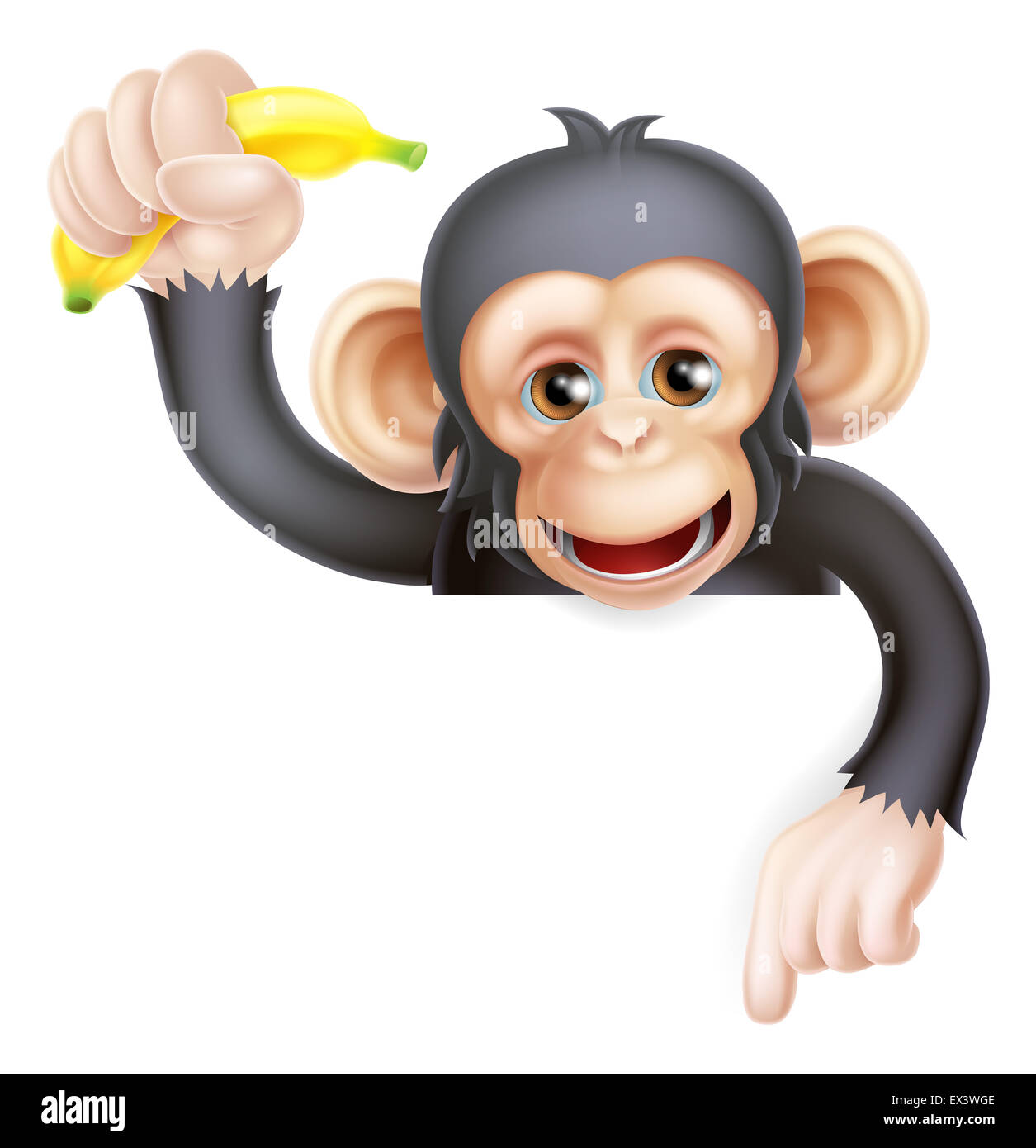 Cartoon chimp monkey like character mascot peeking above a sign holding ...