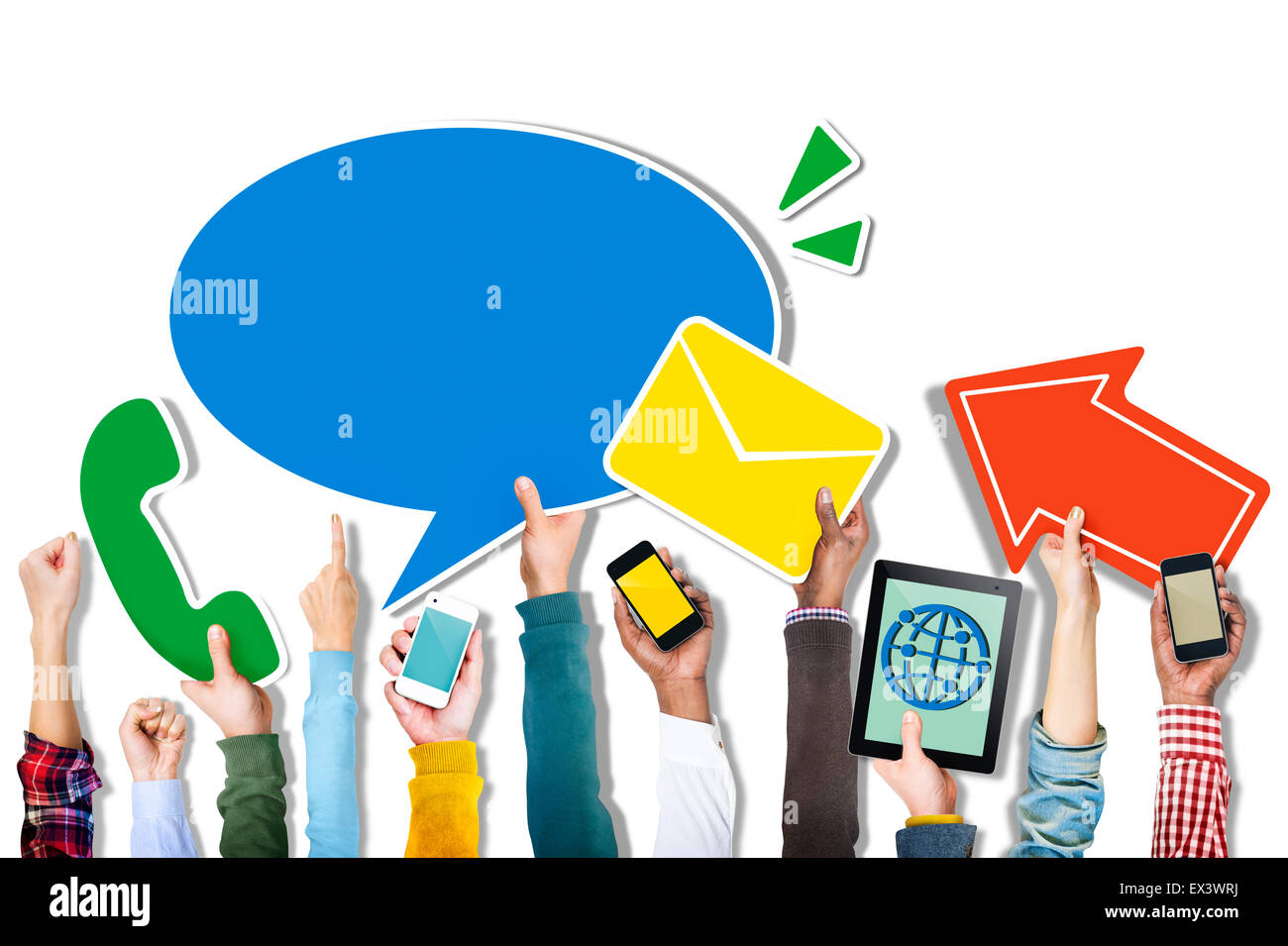 Group of Hands Holding Digital Devices with Global Communications ...