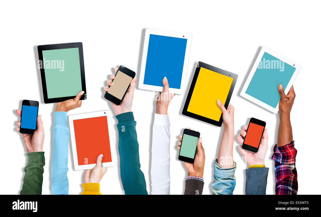 Group of Hands Holding Digital Devices Stock Photo - Alamy