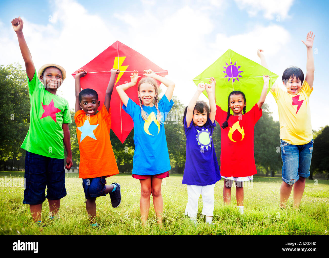 Children Flying Kite Playful Friendship Concept Stock Photo - Alamy
