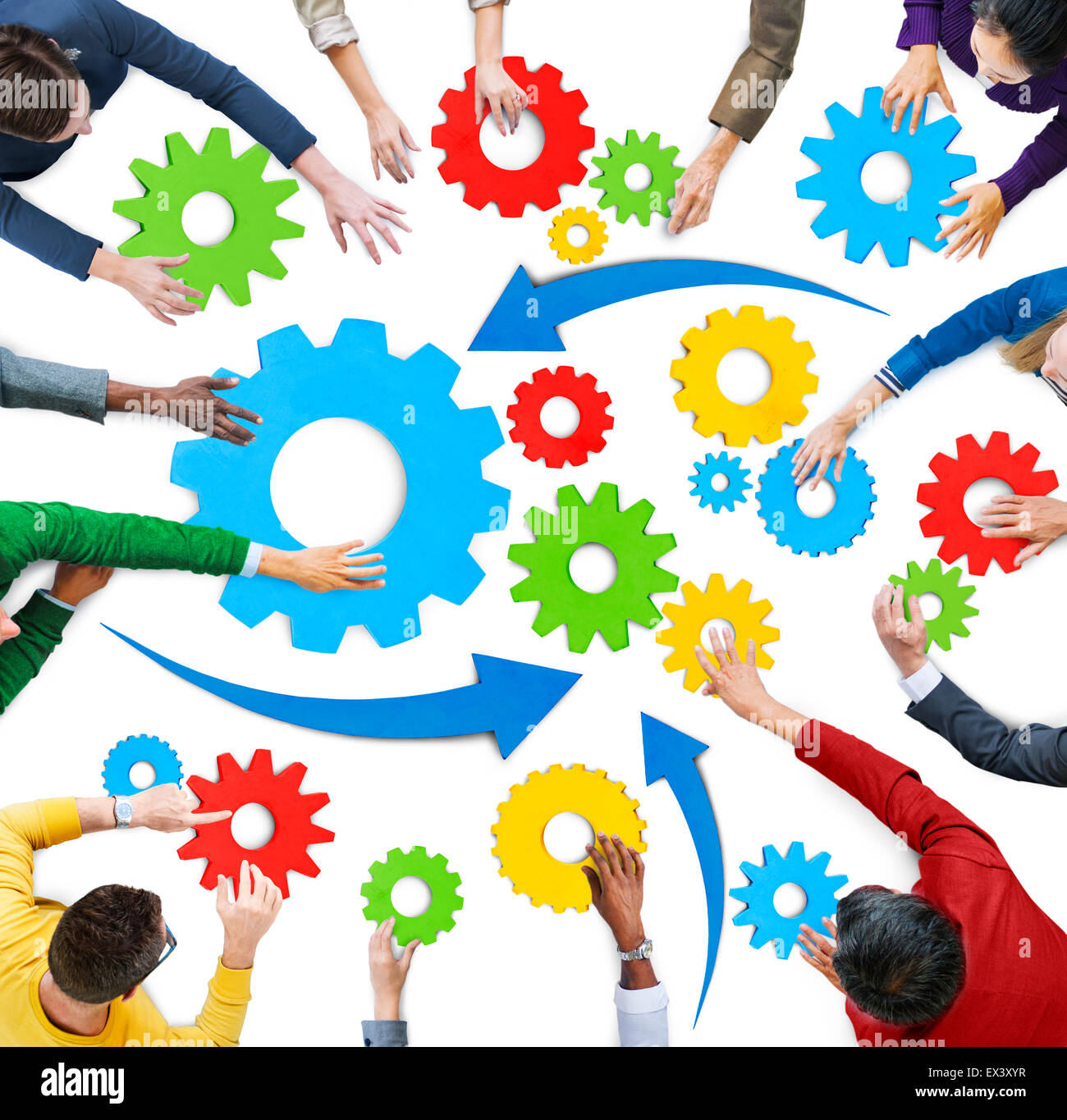 Group of Diverse People with Cog Symbols Stock Photo - Alamy