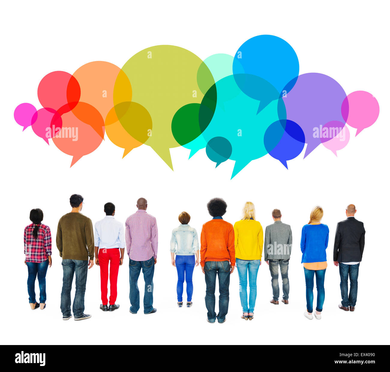Multiethnic Diverse People Facing Backwards with Speech Bubbles Stock ...