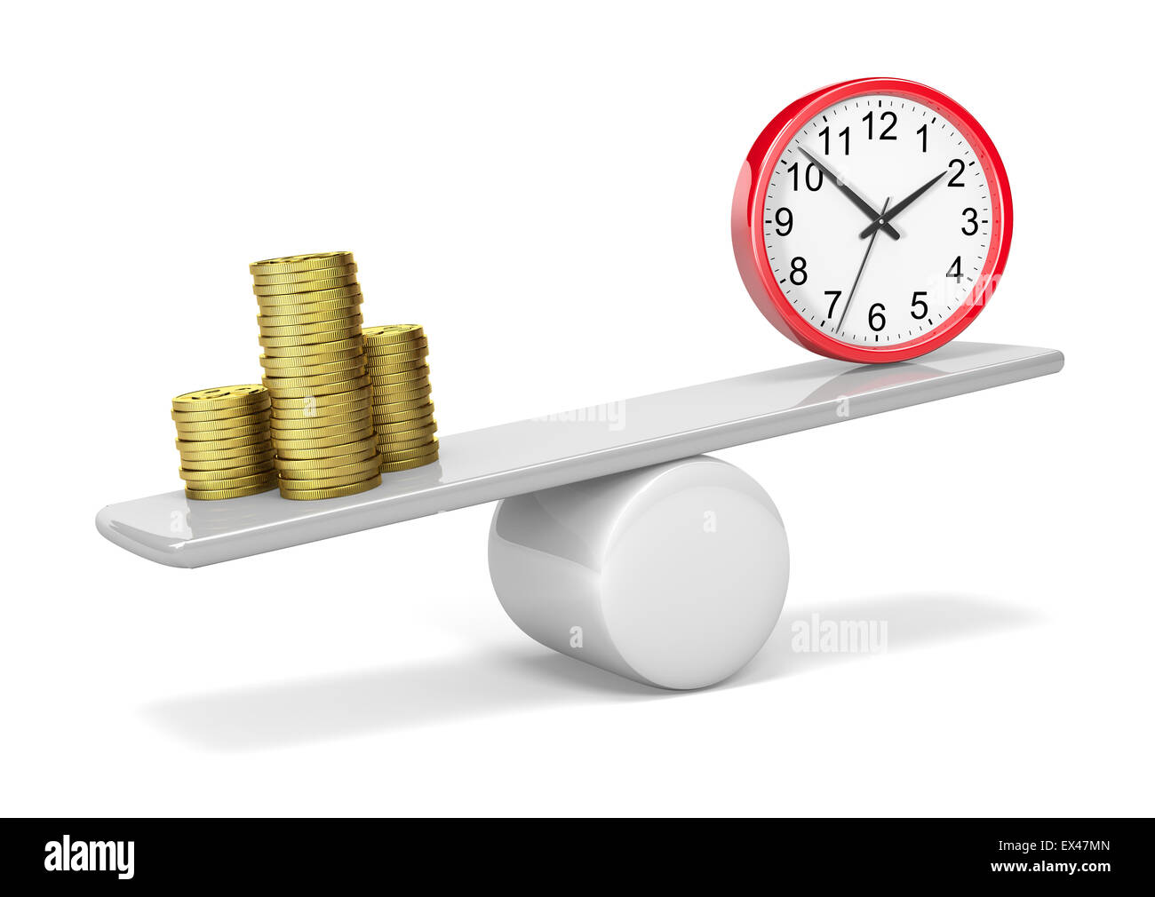 Stack of Coins and Red Clock on Balance 3D Illustration on White ...
