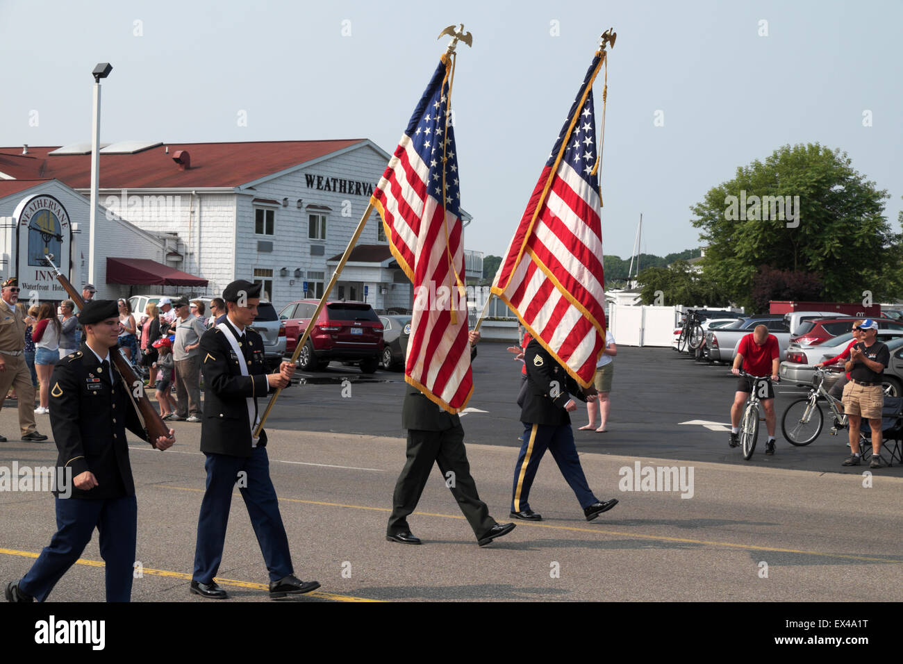 Soldiers march in independence day parade in Montague, Michigan, USA ...
