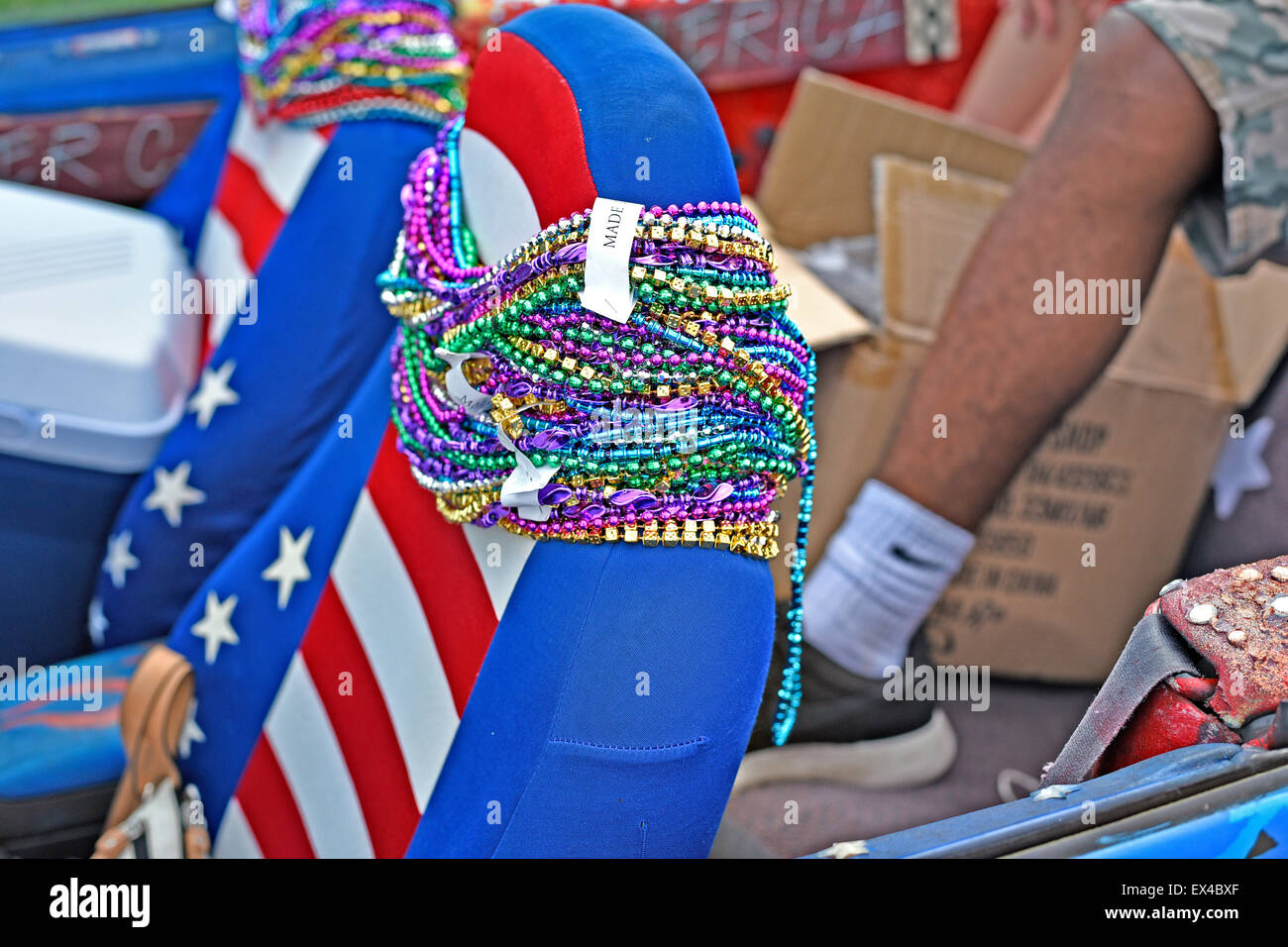 Mardi Gras beads in patriotic car ready for parade Stock Photo - Alamy