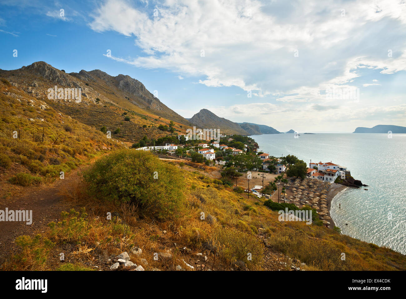 View of the Vlichos beach on Hydra island, Greece Stock Photo - Alamy