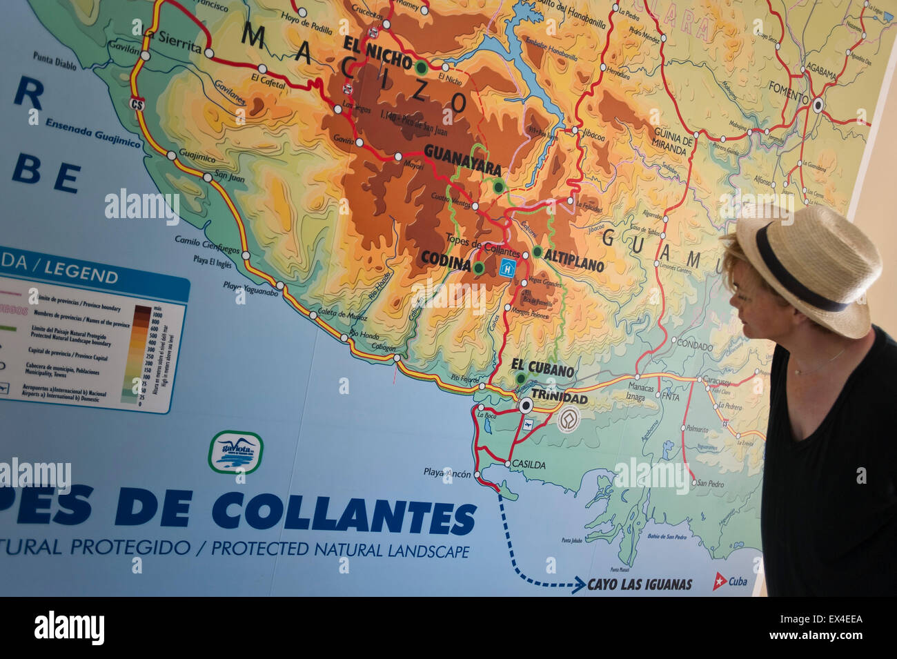 Horizontal view of a tourist looking at the Topes de Collantes National ...