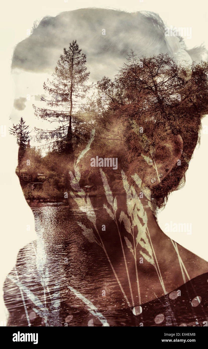Double exposure of girl and a tree landscape Stock Photo - Alamy