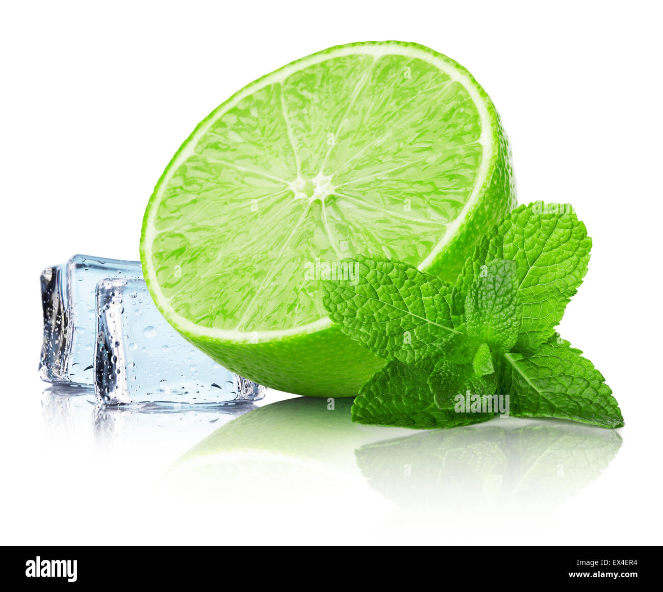 lime slice with mint leaves and ice cubes isolated on the white ...