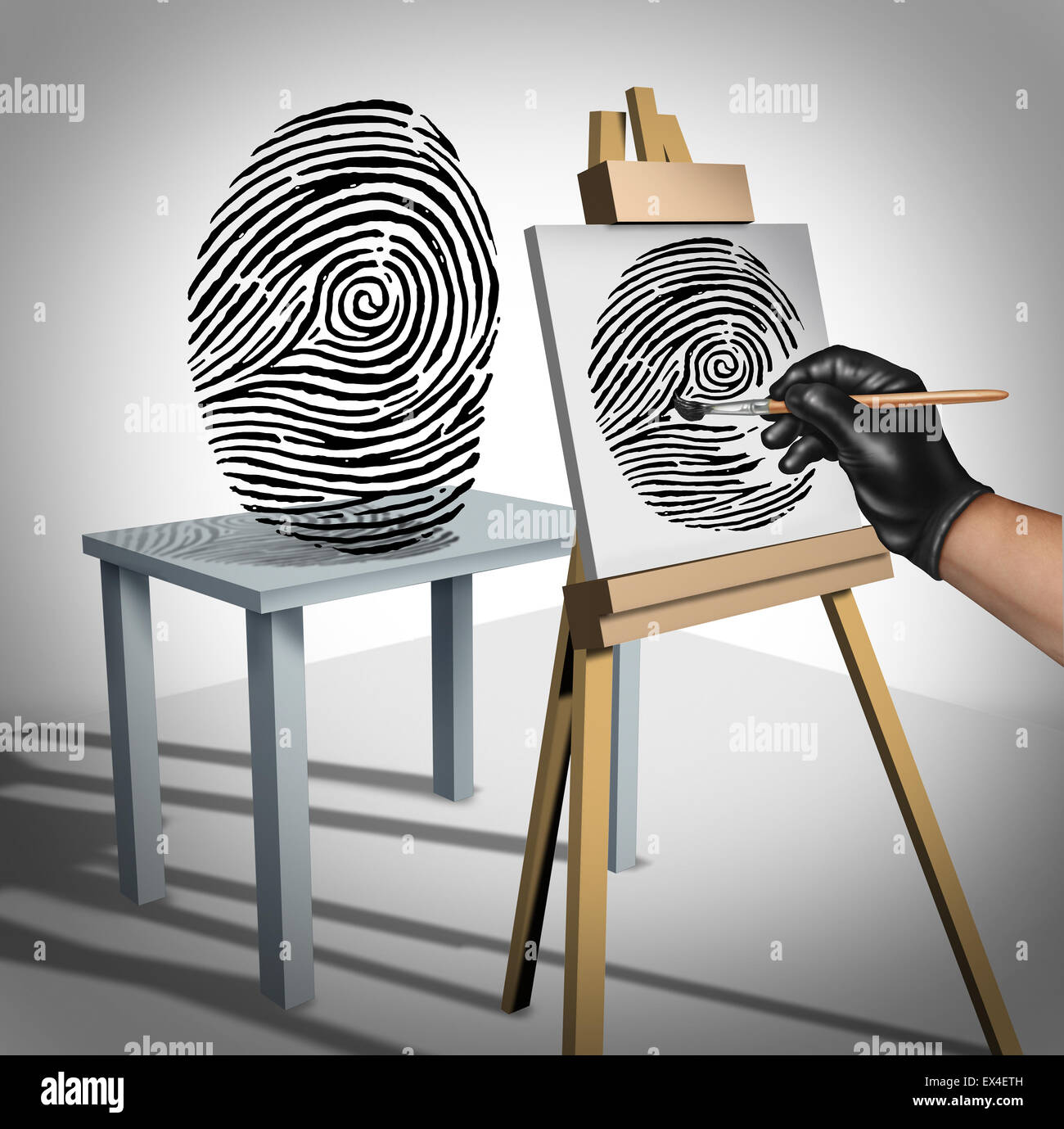 Identity theft concept as a criminal painting a copy of a fingerprint ...